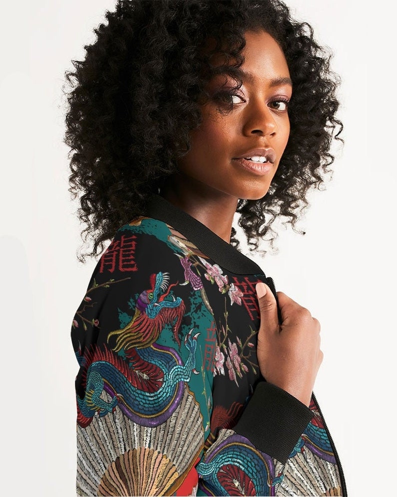 Japanese Dragon Folding Fan Bomber Jacket embroidery Effect, Dragon ...