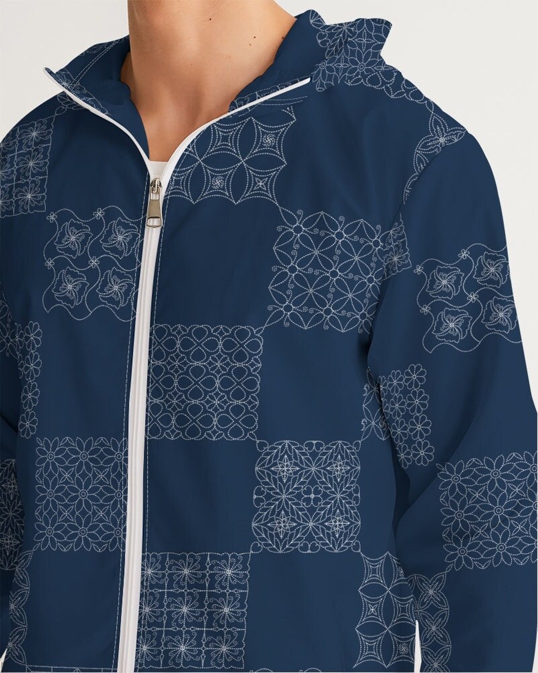 Blue Sashiko Checkered Pattern Windbreaker With Embroidery Effect ...