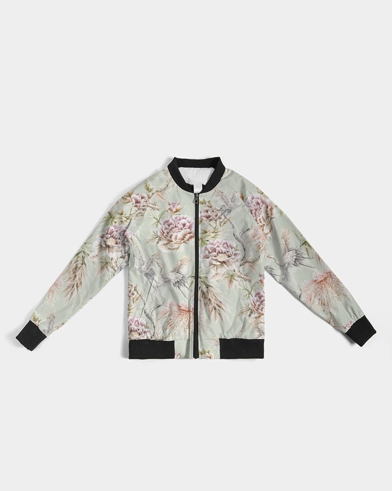 Luxe Floral Crane Bomber Jacket Elegant Japanese Crane Jacket