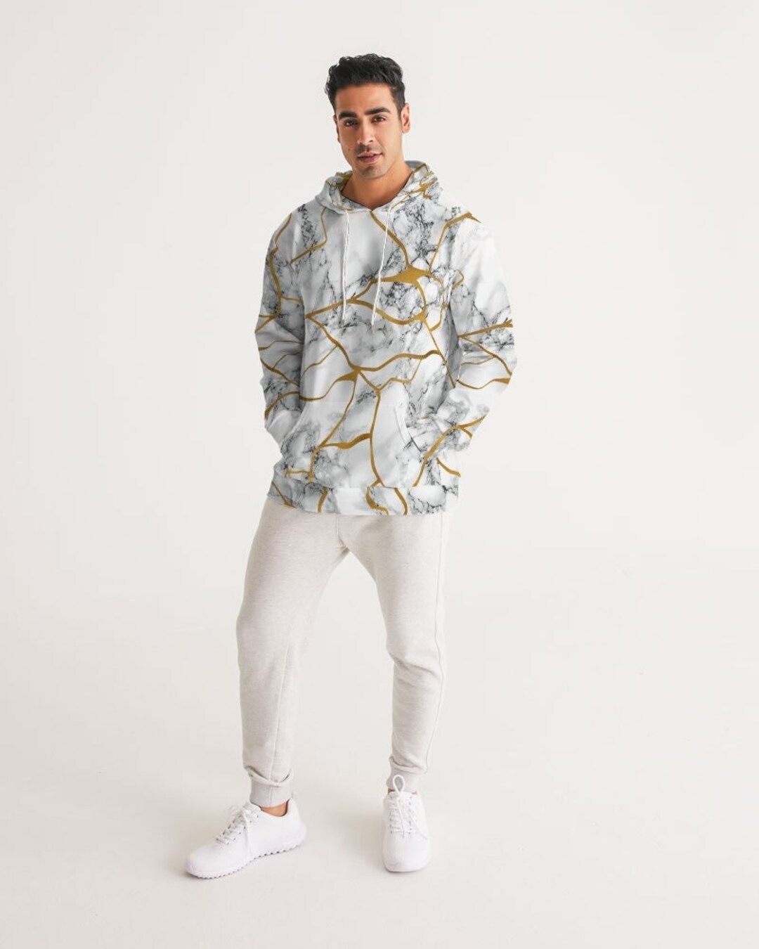 Japanese Kintsugi Hoodie, Elegant Gold Cracked Sweatshirt, White Marble ...