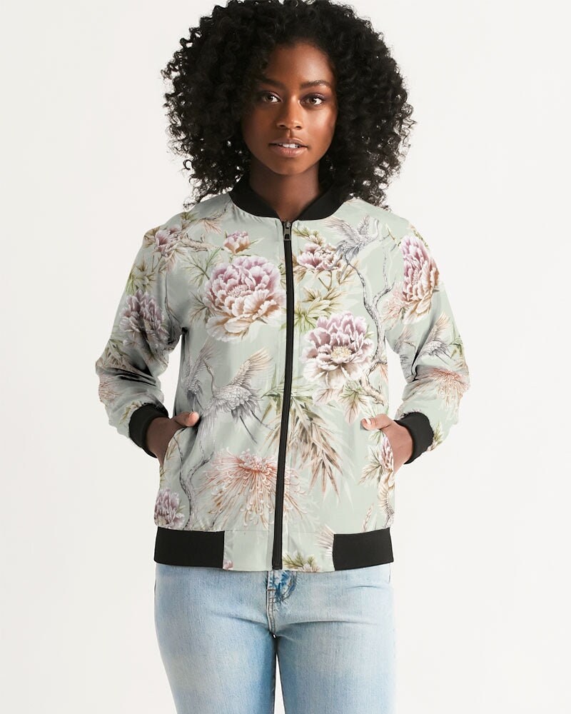 Luxe Floral Crane Bomber Jacket Elegant Japanese Crane Jacket