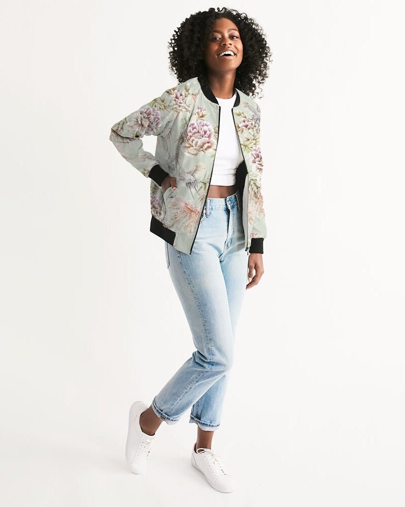 Luxe Floral Crane Bomber Jacket Elegant Japanese Crane Jacket