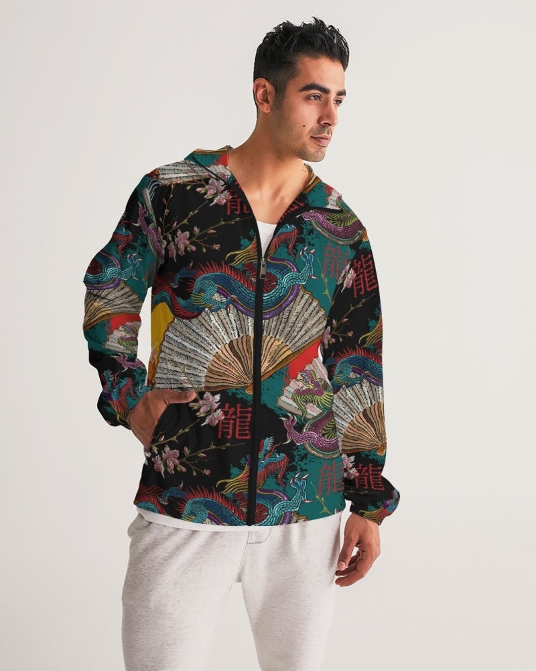Japanese Dragon Floral Windbreaker With Embroidery Effect, Serpent ...