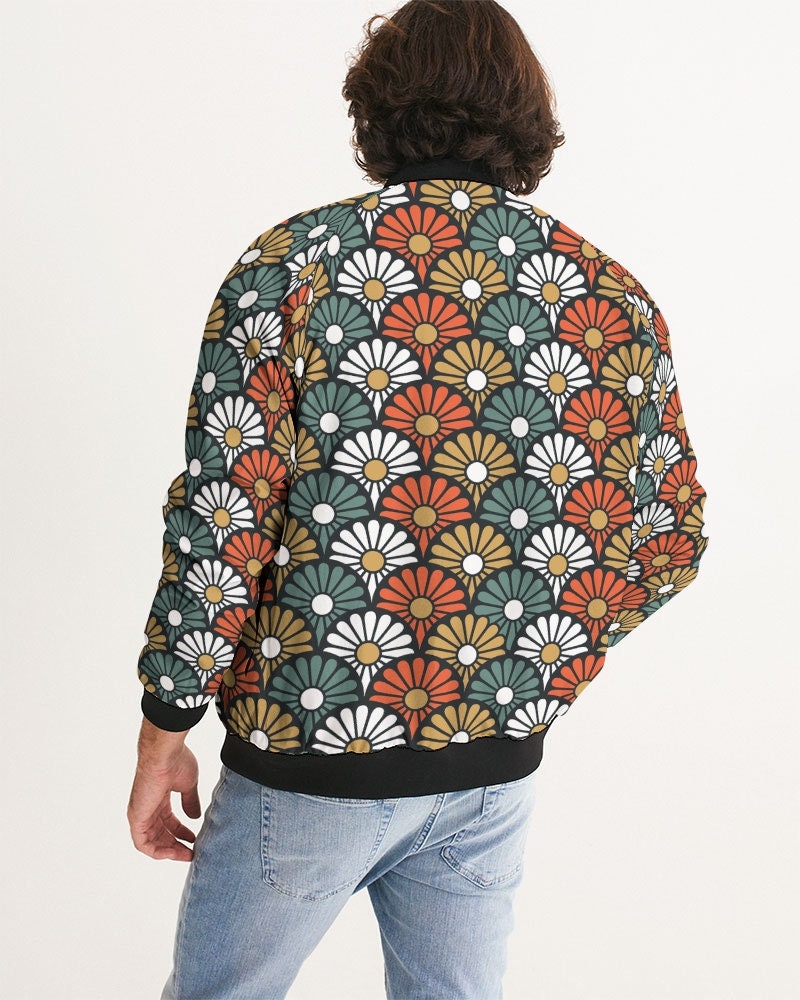 Japanese Daisy Bomber Jacket, Seigaiha Pattern, Modern Floral Print ...