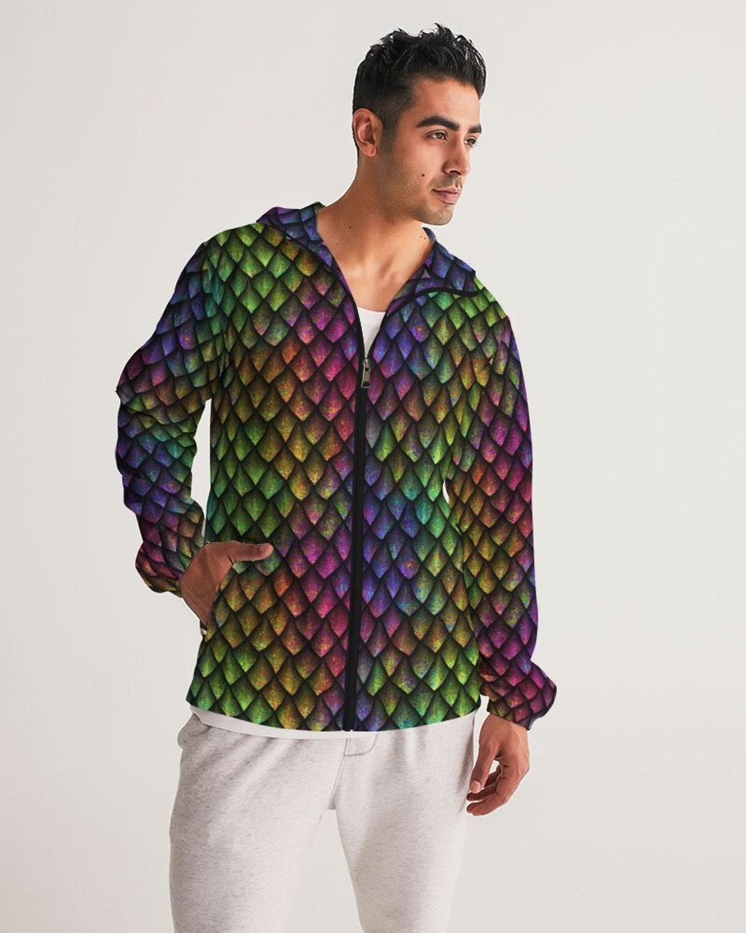 Rainbow Dragon Scale Print Windbreaker Jacket, Dragon Skin Jacket ...