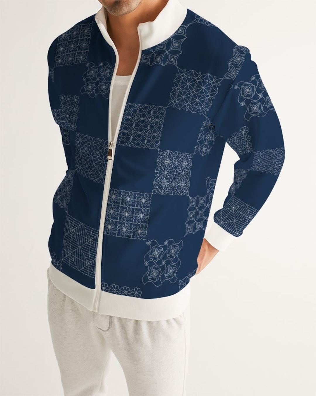 Japanese Sashiko Checkered Pattern Track Jacket [embroidery Effect ...