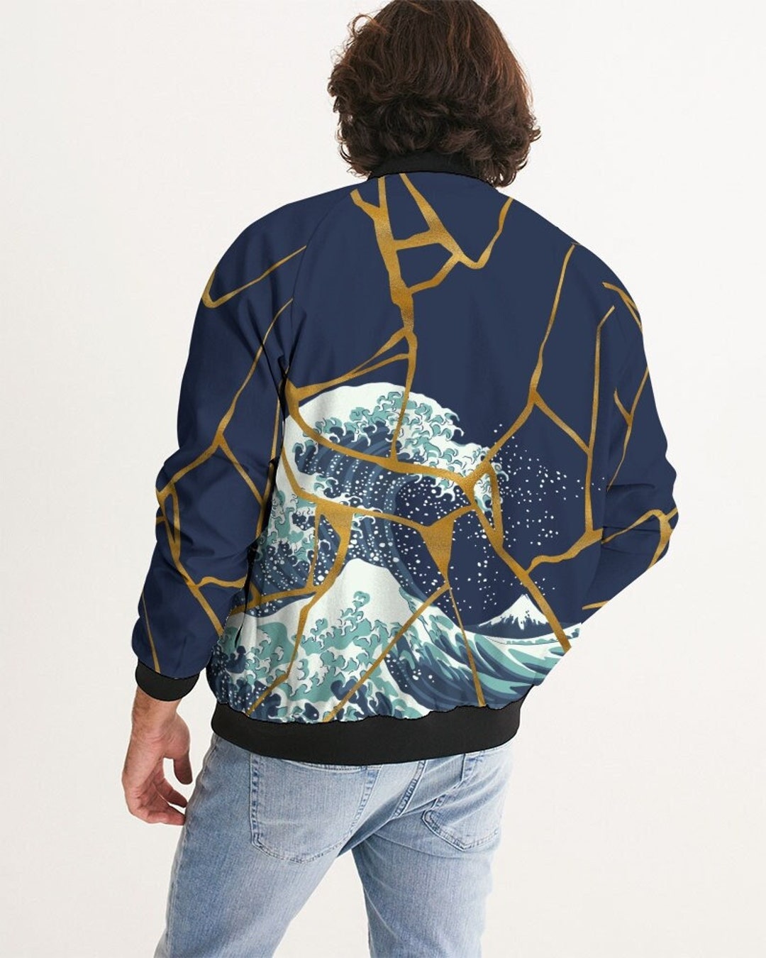 Great Wave off Kanagawa Bomber, Japanese Art Jacket With Gold Cracked ...