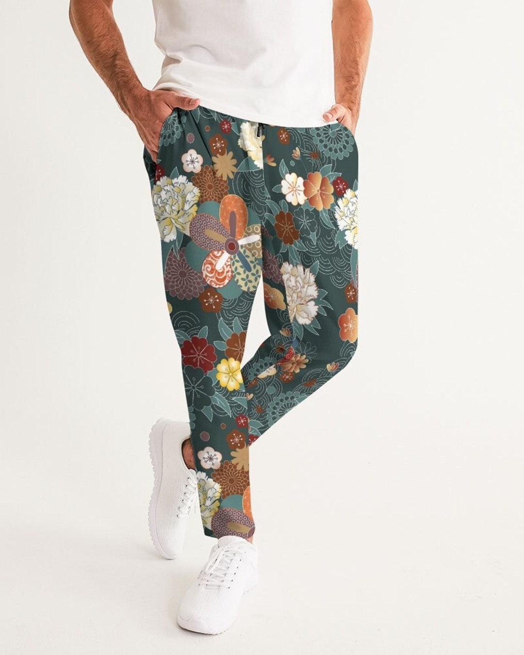 Japanese Floral Joggers, Spring Kimono Pattern, Blue Flower Print Pants ...