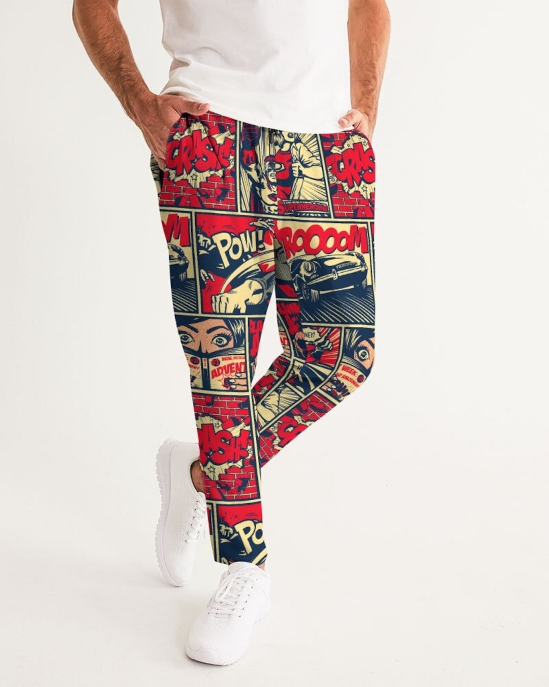Retro Superhero Comic Script Jogger Pants, Comic Book Print Pants, Pop ...