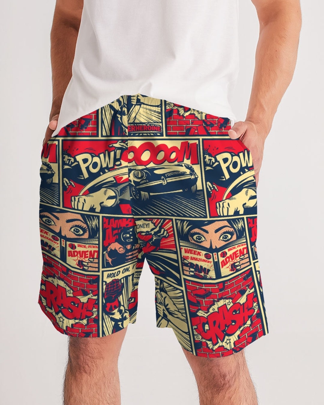 Retro Superhero Comic Strip Jogger Shorts, Comic Book Print, Colorful ...