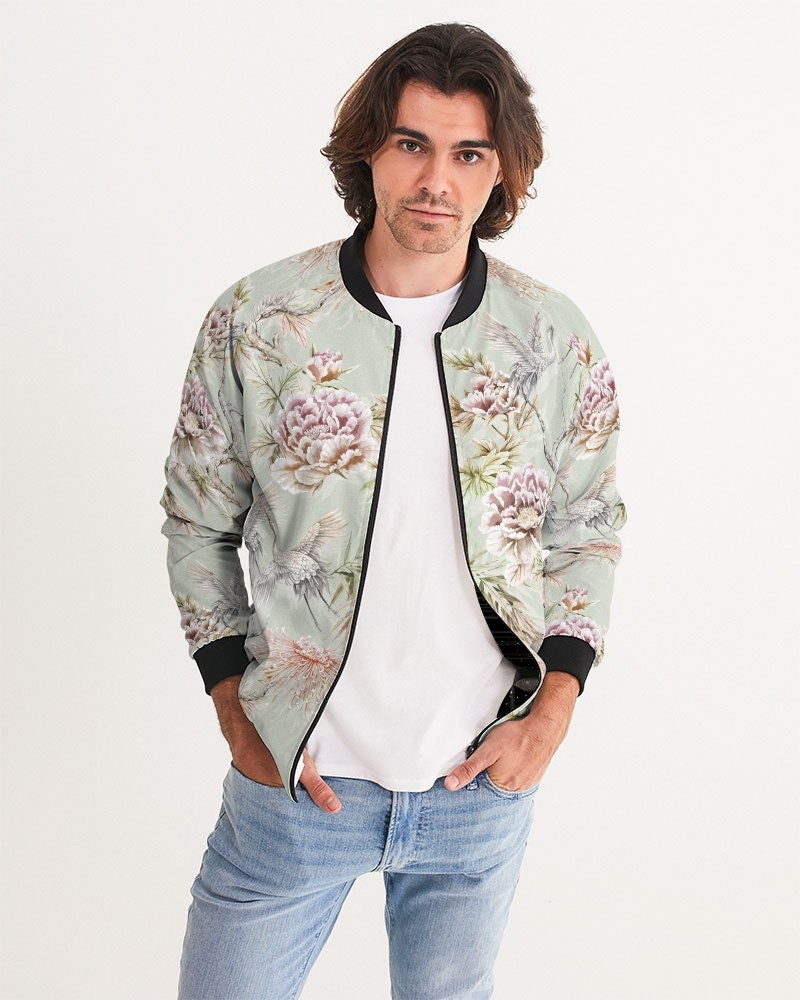 Luxe Floral Crane Bomber Jacket Elegant Japanese Crane Jacket