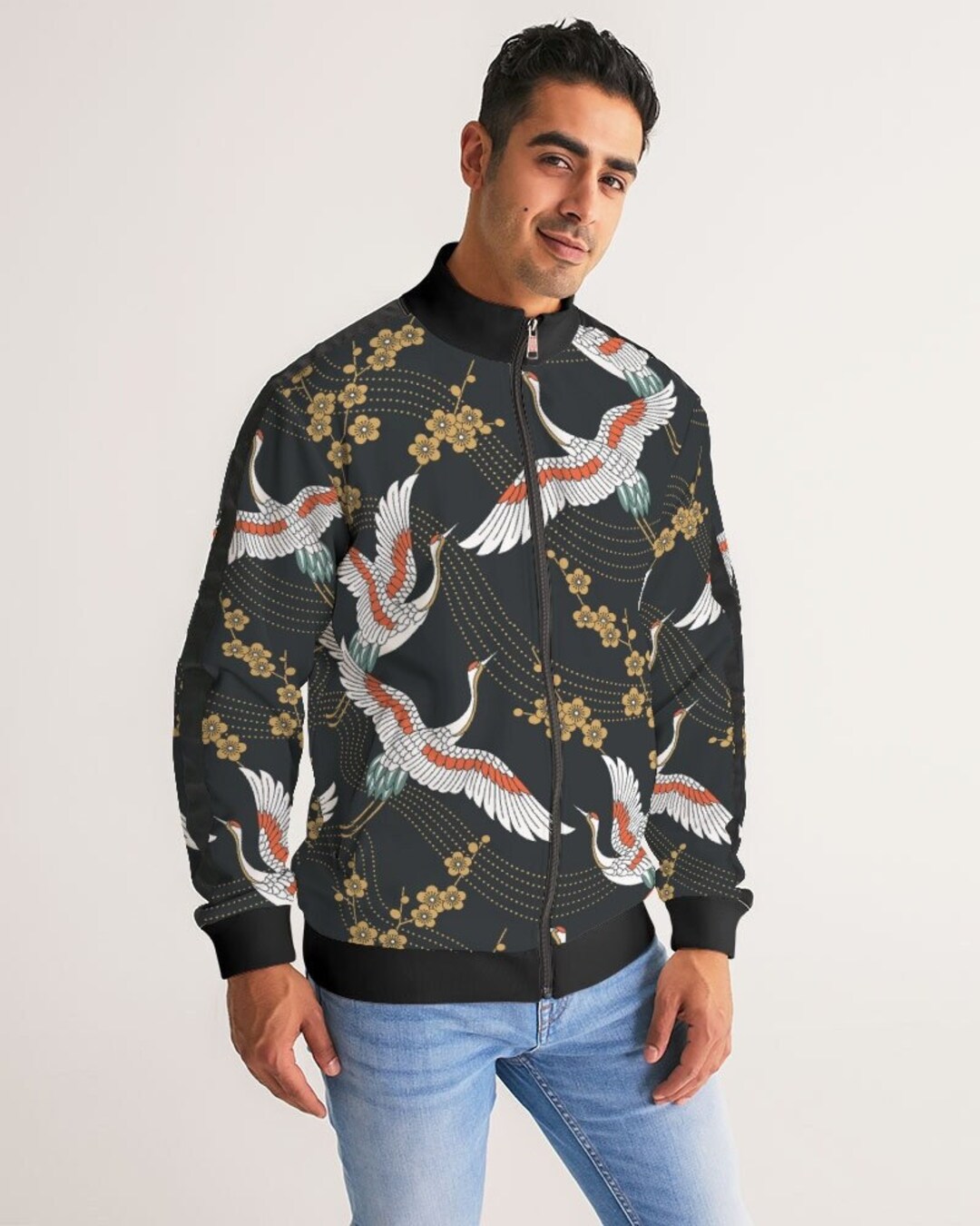 Japanese Crane & Plum Blossom Stripe-sleeve Track Jacket, Red Crowned ...