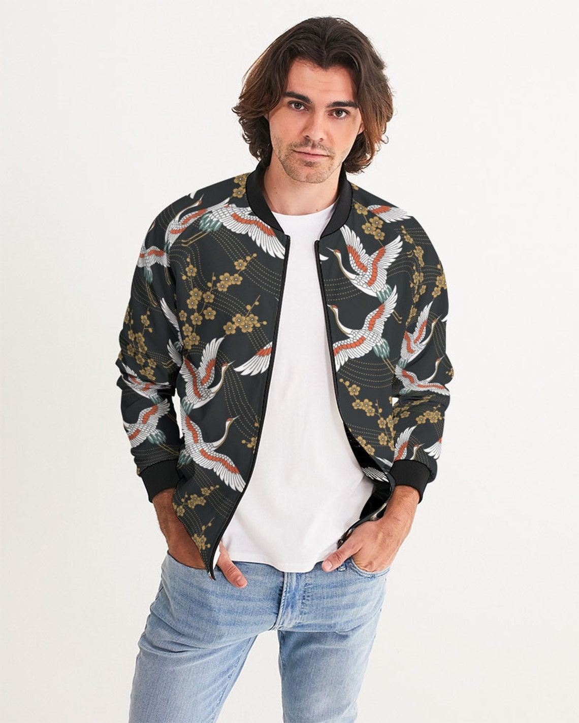 Japanese Crane & Plum Blossom Bomber Jacket, Red Crowned Crane Jacket ...