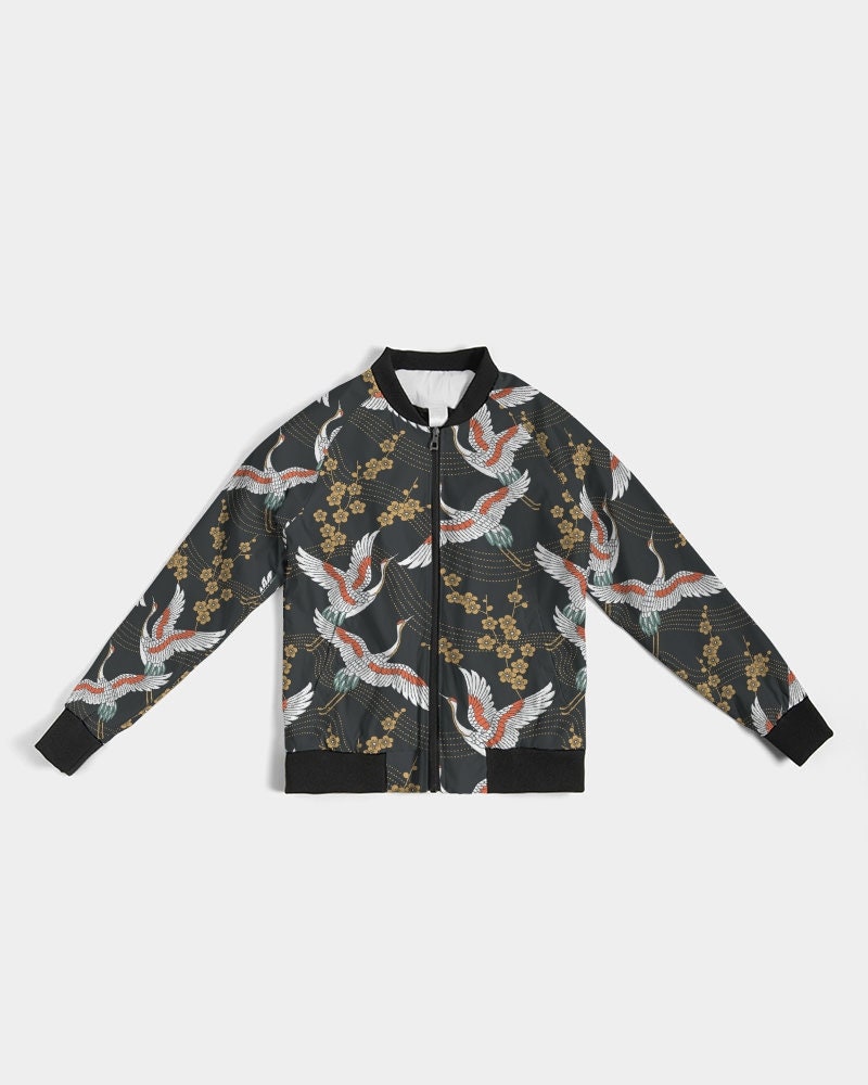 Japanese Crane & Plum Blossom Bomber Jacket, Red Crowned Crane Jacket ...