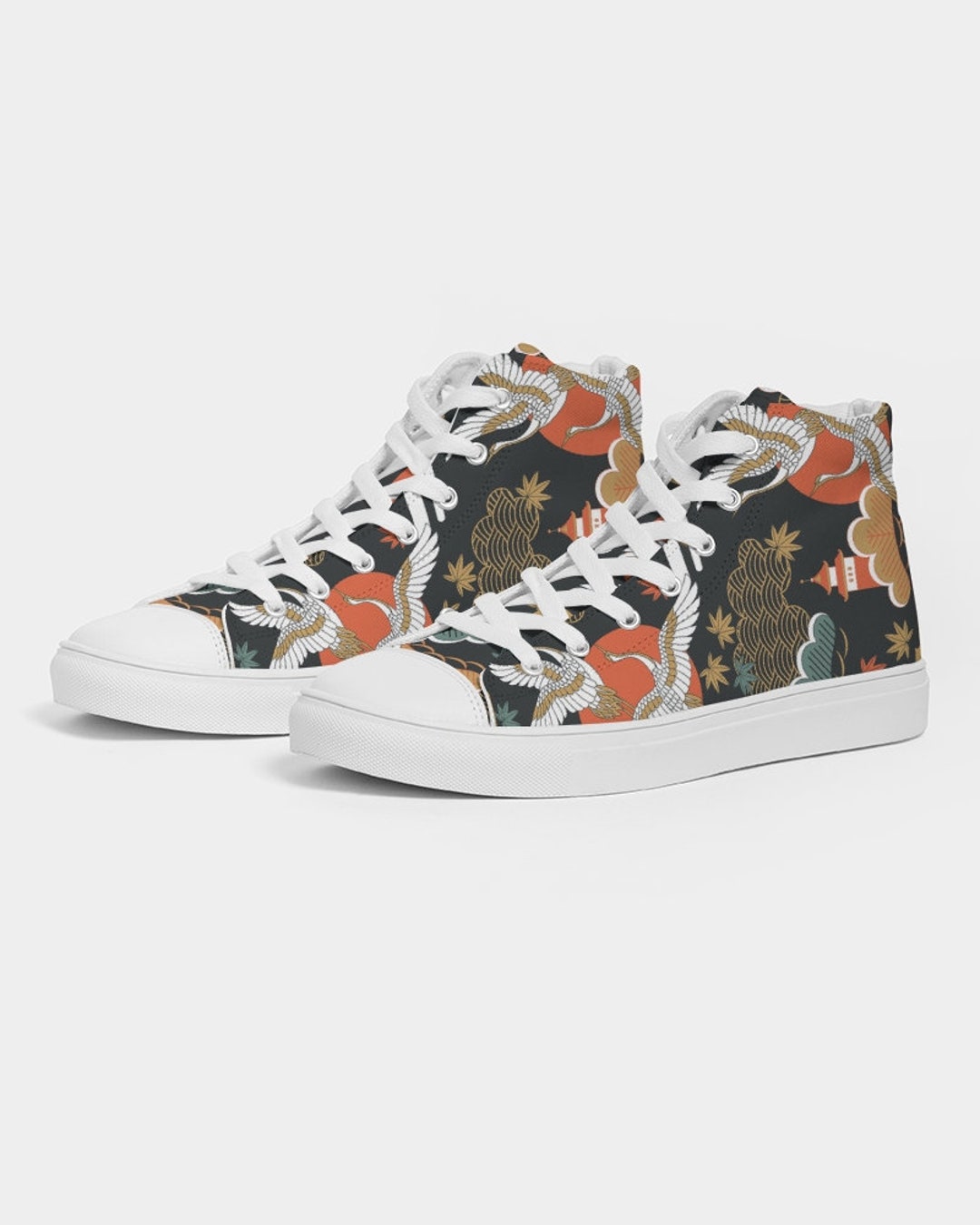 Japanese Sunrise Crane High-top Canvas Shoes Japanese Crane Shoes Japan ...