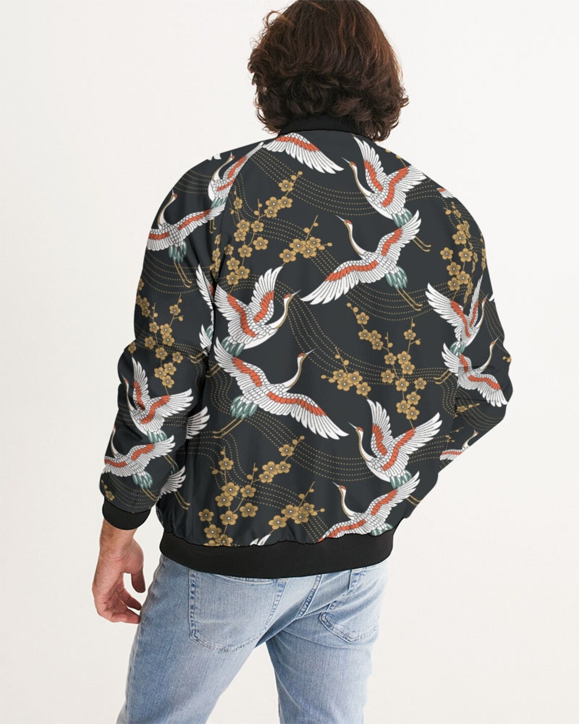 Japanese Crane & Plum Blossom Bomber Jacket, Red Crowned Crane Jacket ...