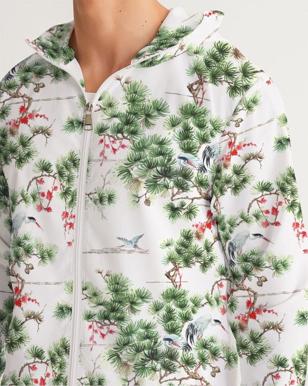 Japanese Crane Windbreaker, Elegant Floral Print Jacket, Garden Toile ...