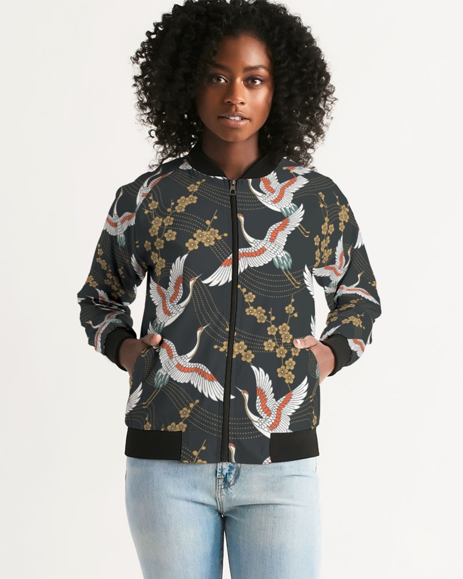Japanese Crane & Plum Blossom Bomber Jacket, Red Crowned Crane Jacket ...