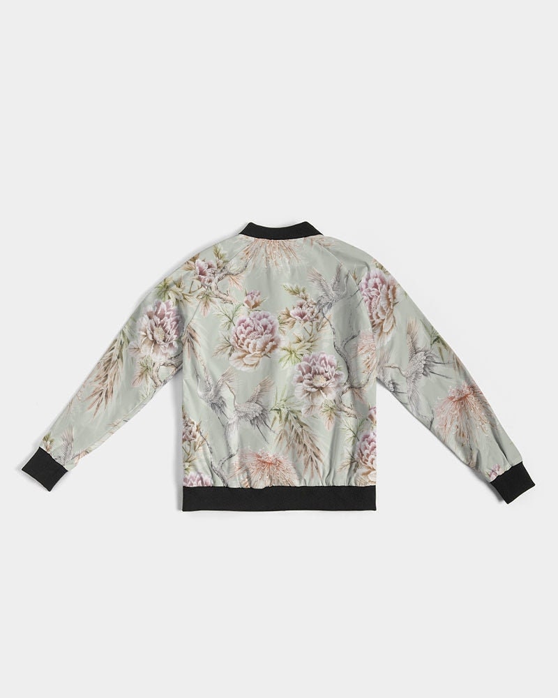 Luxe Floral Crane Bomber Jacket Elegant Japanese Crane Jacket