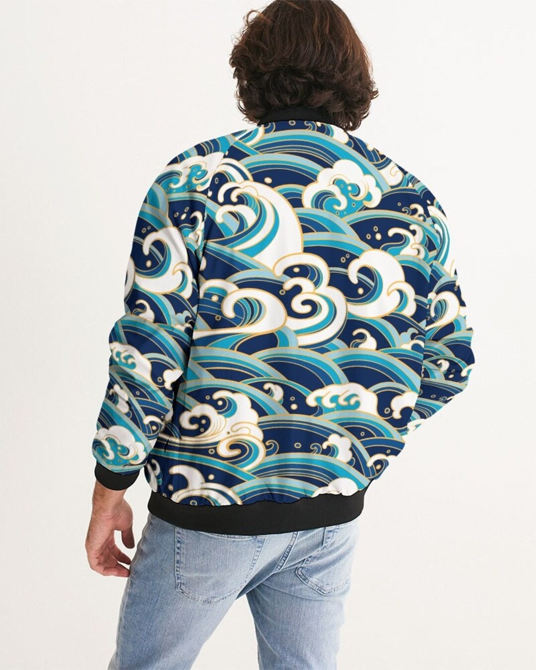 Japanese Wave Jacket, Ocean Blue Bomber, Coastal Chic Coat, Stylish ...