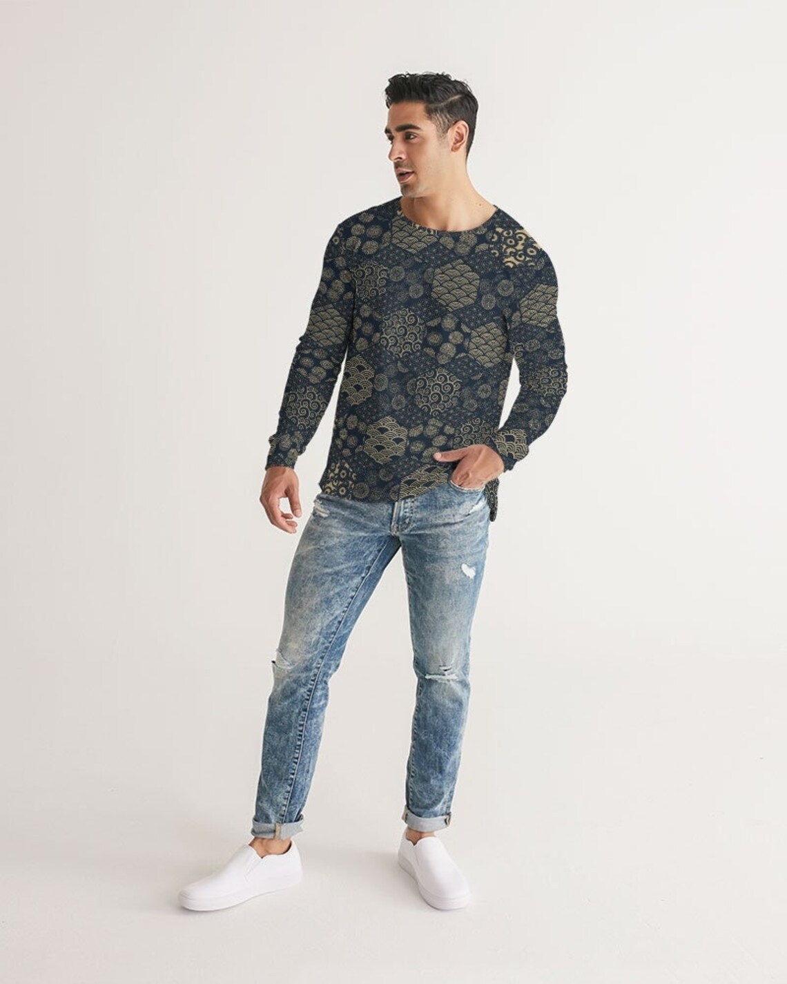 Japanese Quilted Long Sleeve Tee Quilted Pattern Shirt Blue Quilted T ...