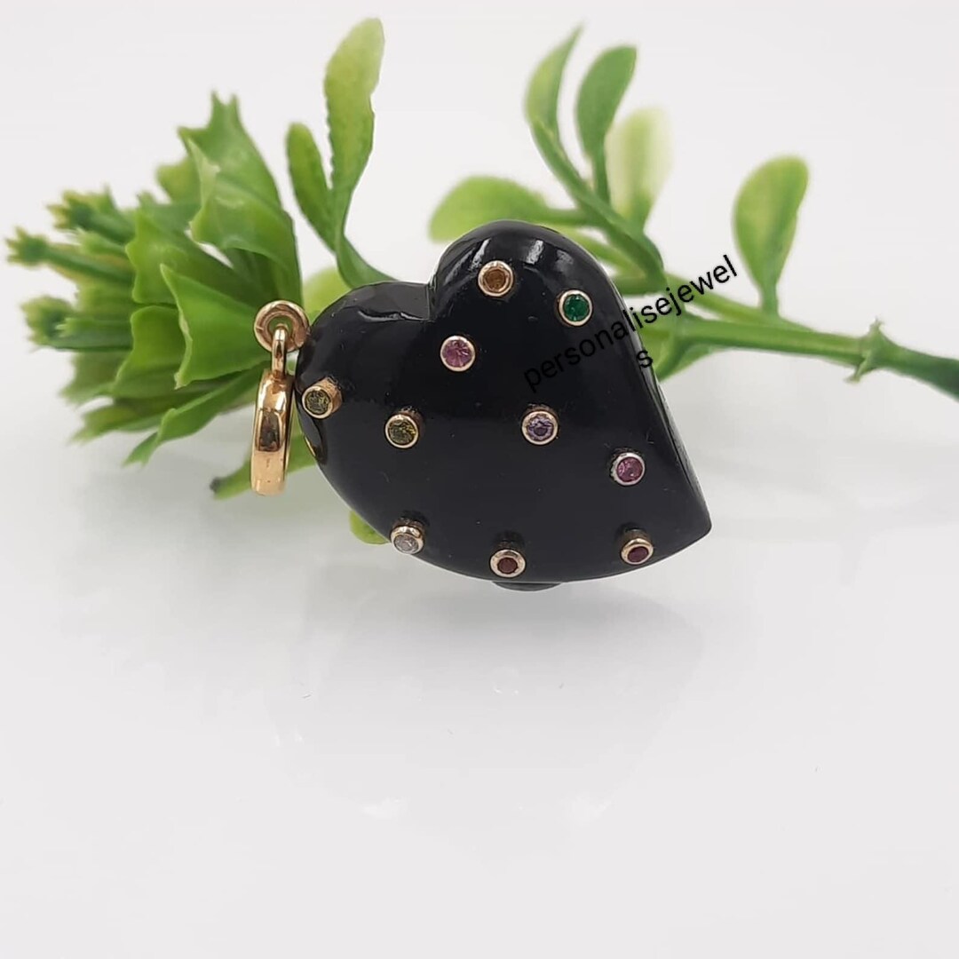 Black Onyx Heart Carved Pendent Multi Stone Heart Pendant, Gold ...