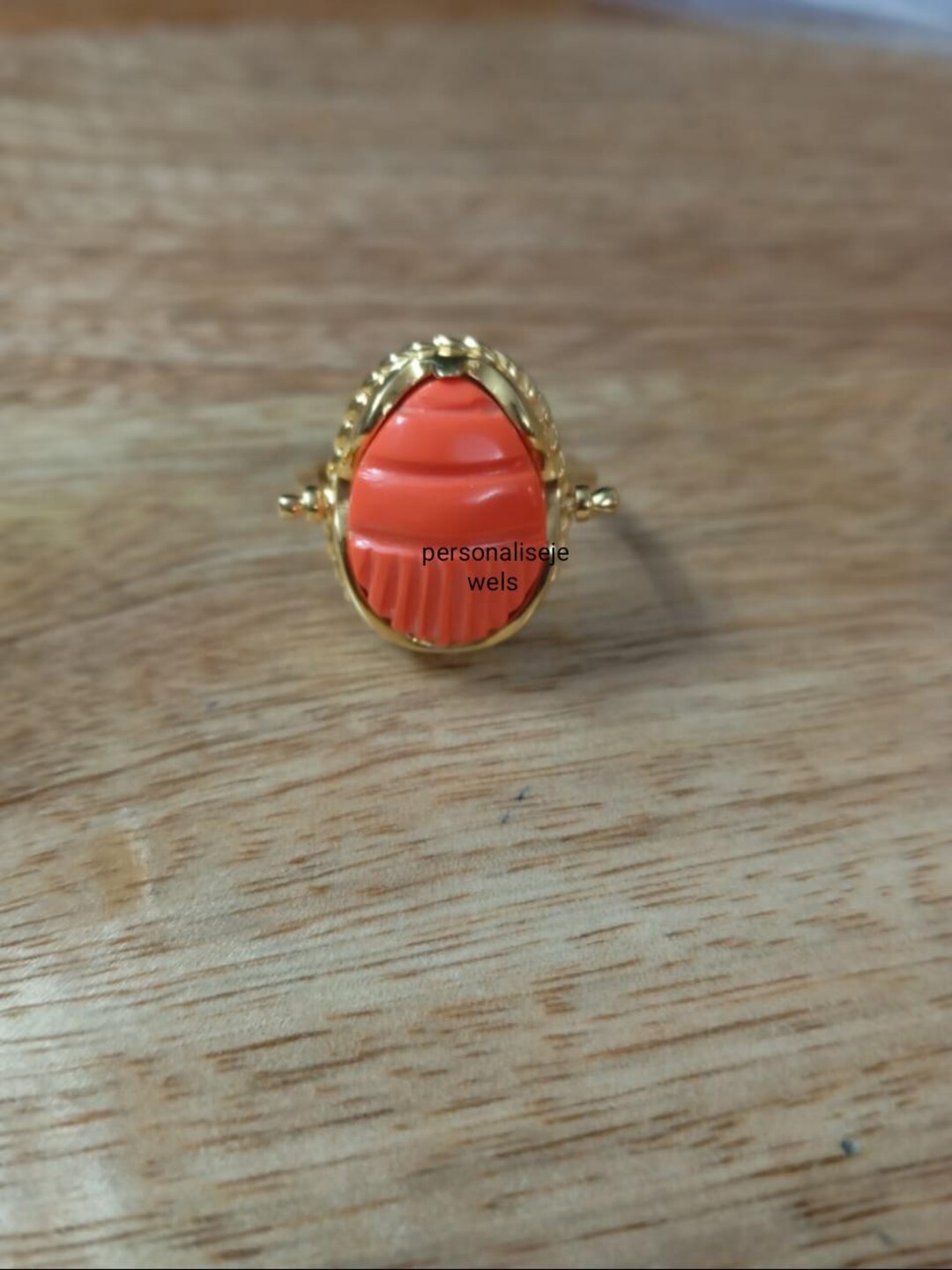 Orange Coral Scarab Amulet Ring, 14k Gold Hand Carved CZ Scarab Ring ...