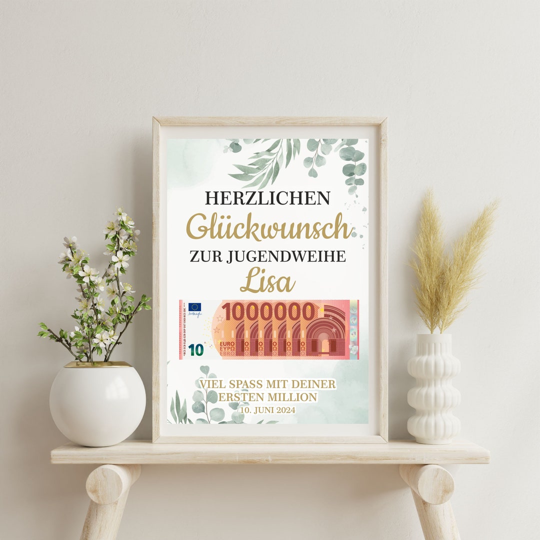 Jugendweihe Geschenk Geldgeschenk für Mädchen personalisiert - Deine erste Million! PDF Vorlage ...