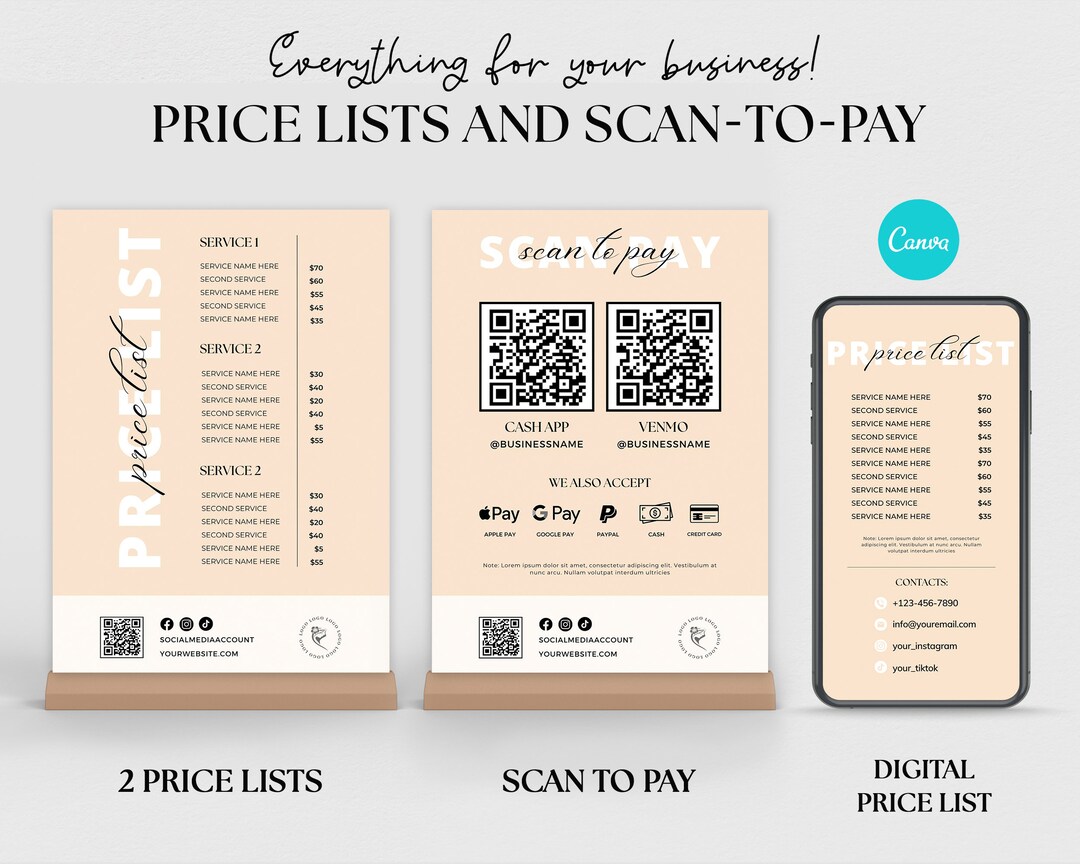 Scan to Pay Sign & Price List Template, QR Code Sign, Printable Payment ...
