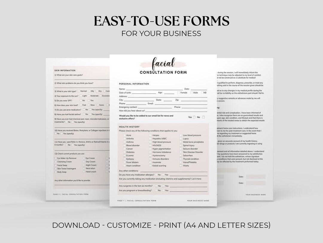 Esthetician Intake Forms, Esthetician Consultation Forms, Esthetician ...