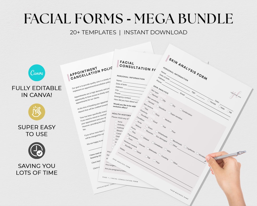 Professional Facial Treatment Forms, Editable Esthetician Templates ...