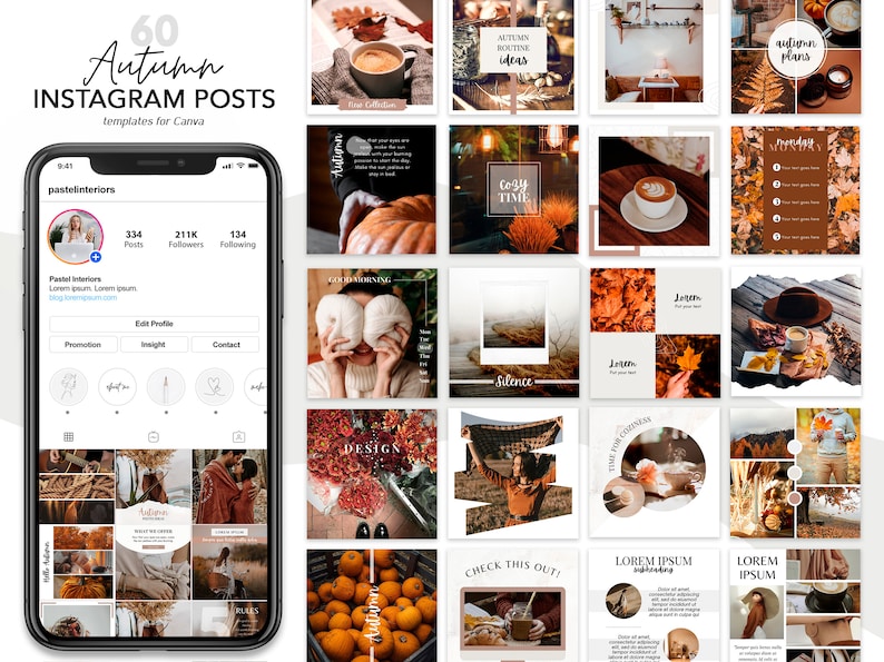 Autumn Instagram Post Templates for Canva, Fall Instagram Posts, Ig ...