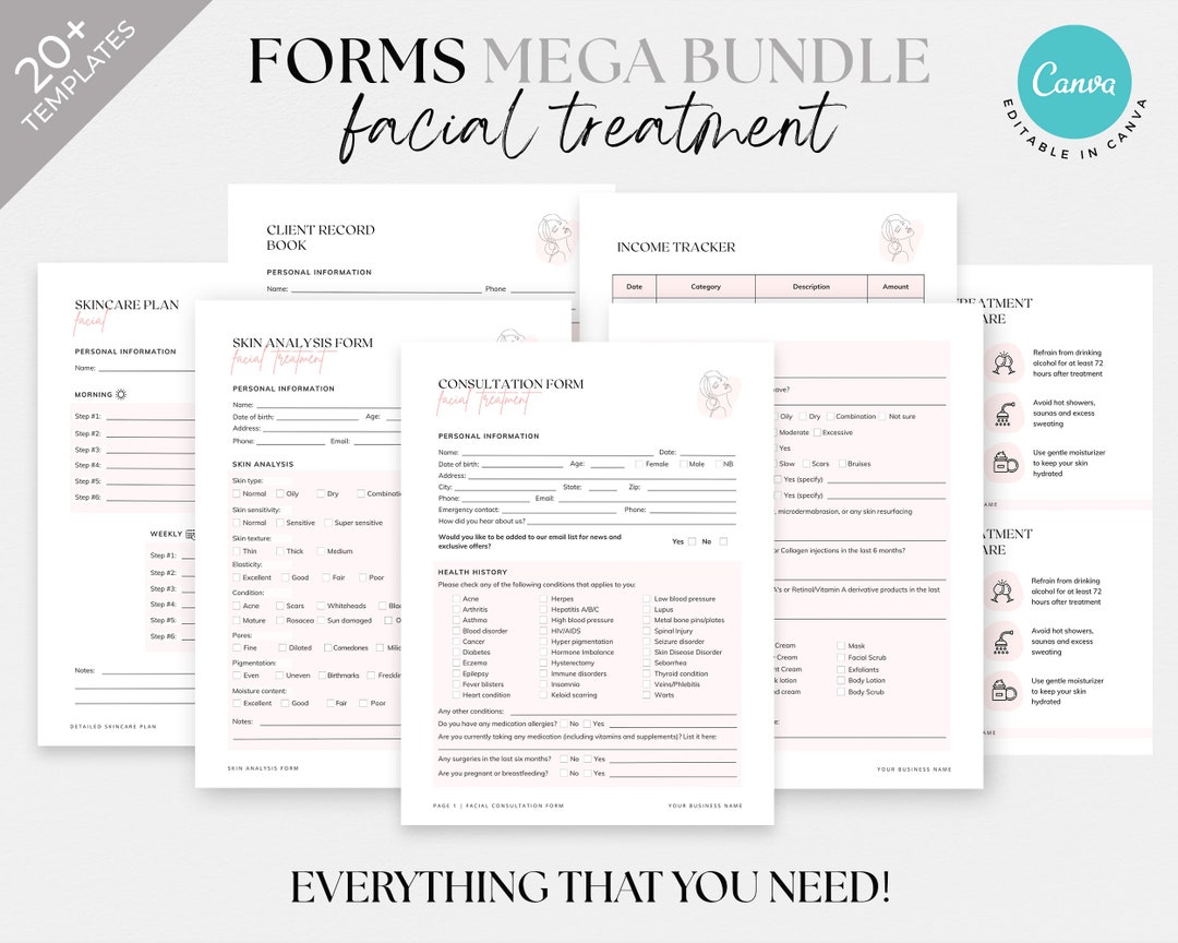 Facial Treatment Forms, Editable Esthetician Templates, Printable ...