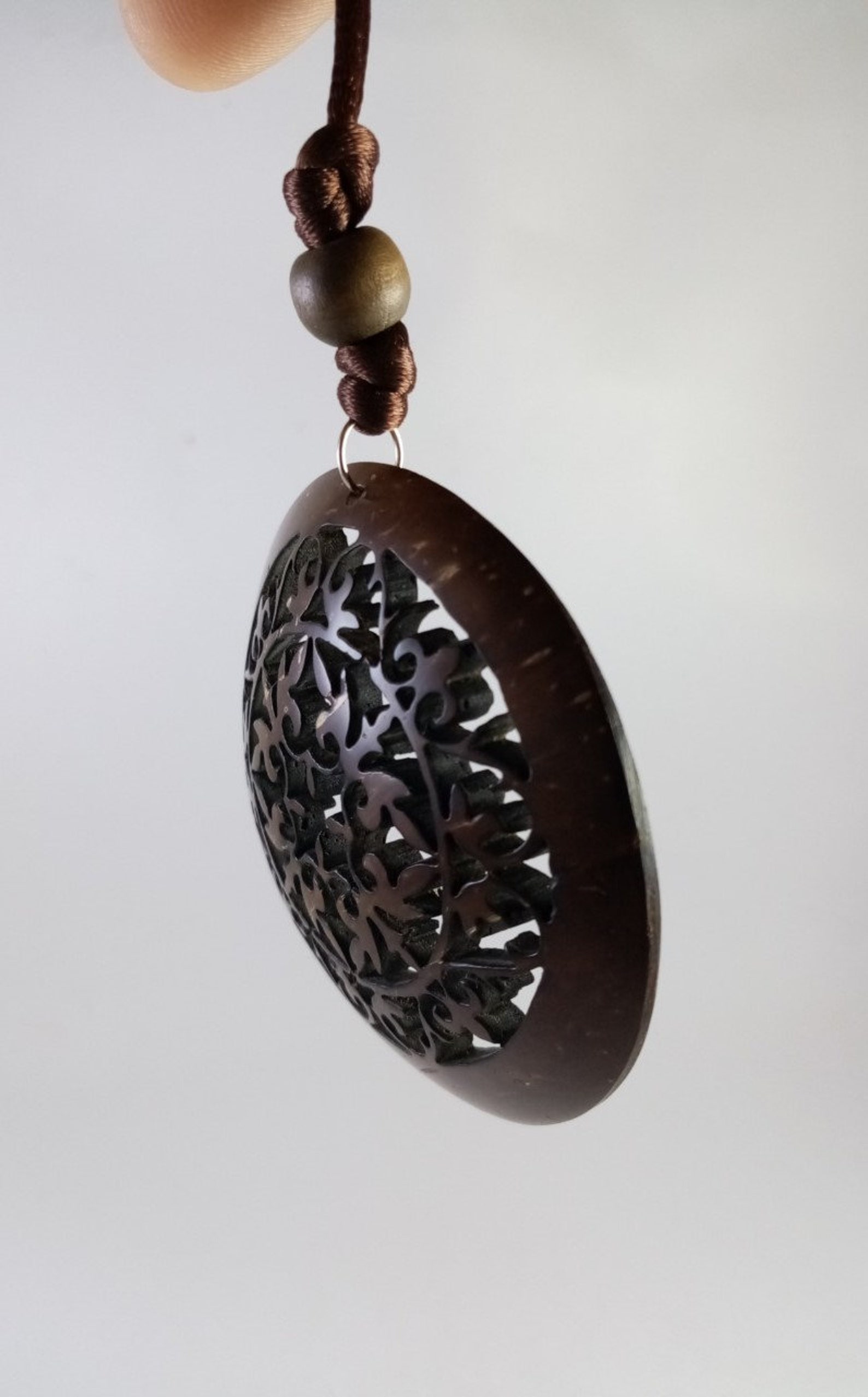 Coco Shell Pendant, Coconut Shell Necklace, Cotton Strap and Wooden ...