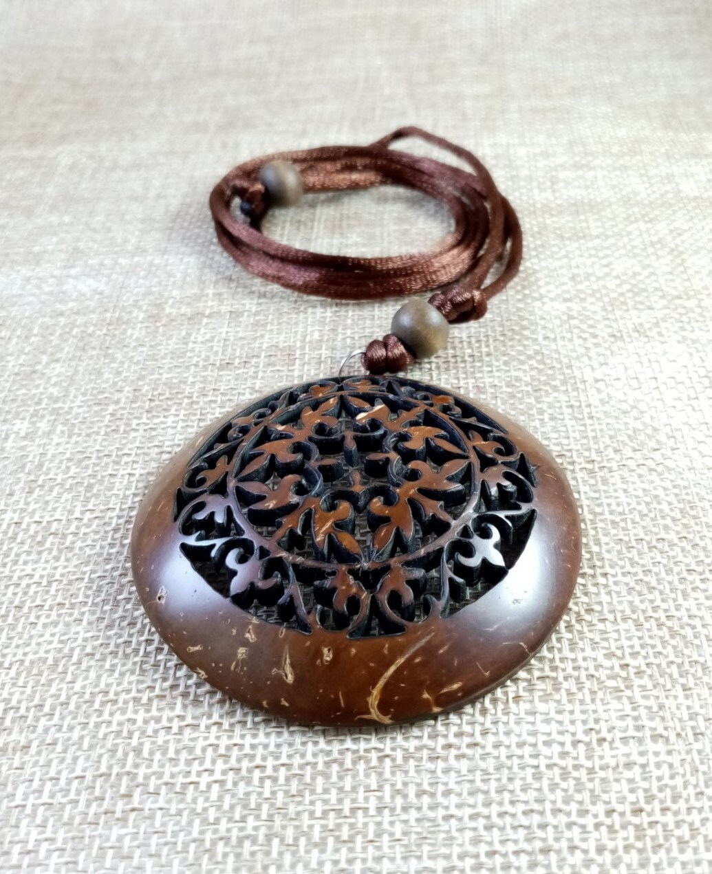Coco Shell Pendant, Coconut Shell Necklace, Cotton Strap and Wooden ...