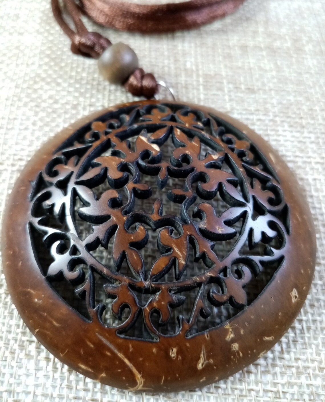 Coco Shell Pendant, Coconut Shell Necklace, Cotton Strap and Wooden ...