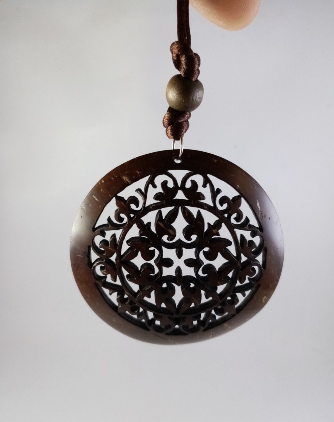 Coco Shell Pendant, Coconut Shell Necklace, Cotton Strap and Wooden ...