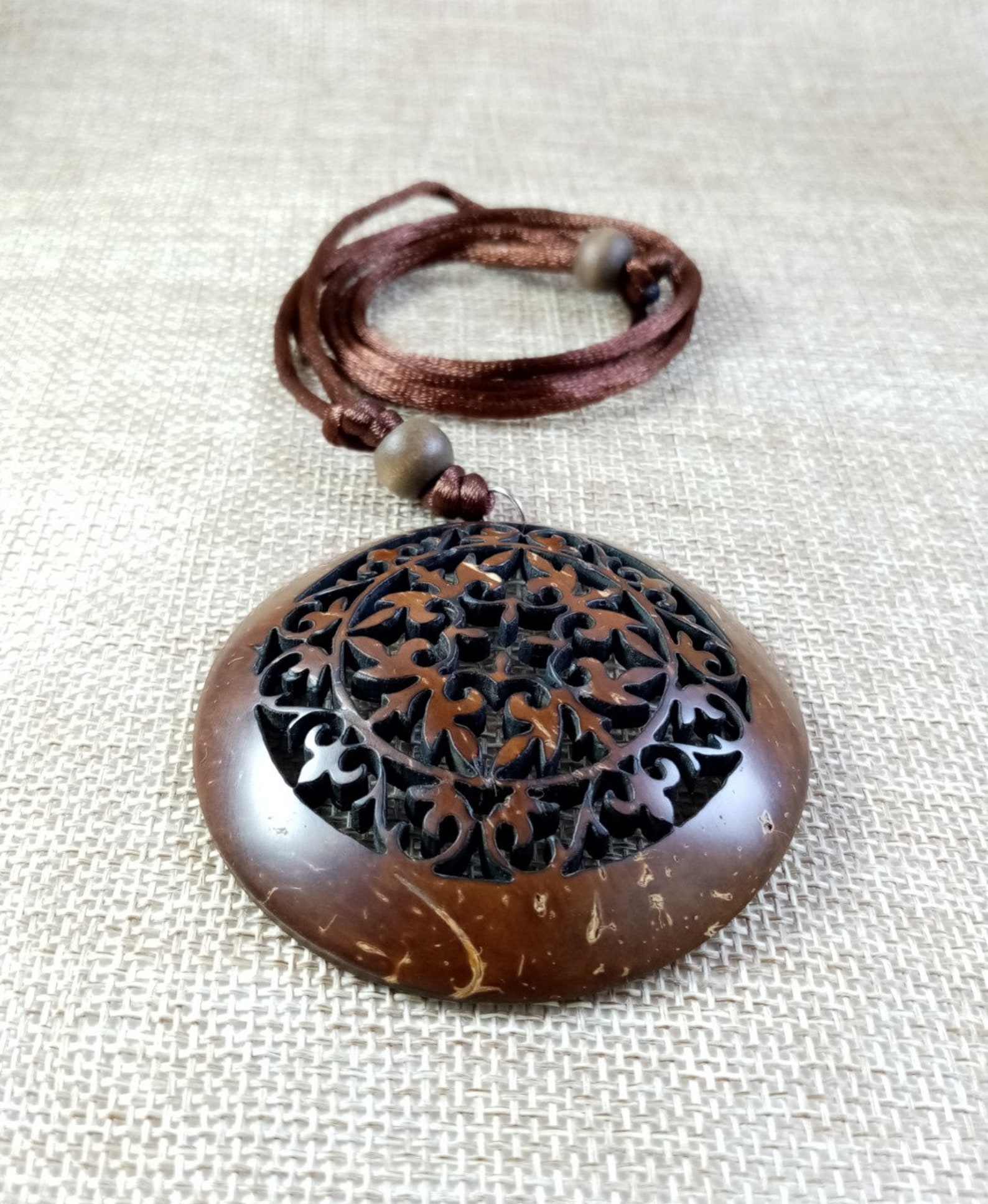 Coco Shell Pendant, Coconut Shell Necklace, Cotton Strap and Wooden ...