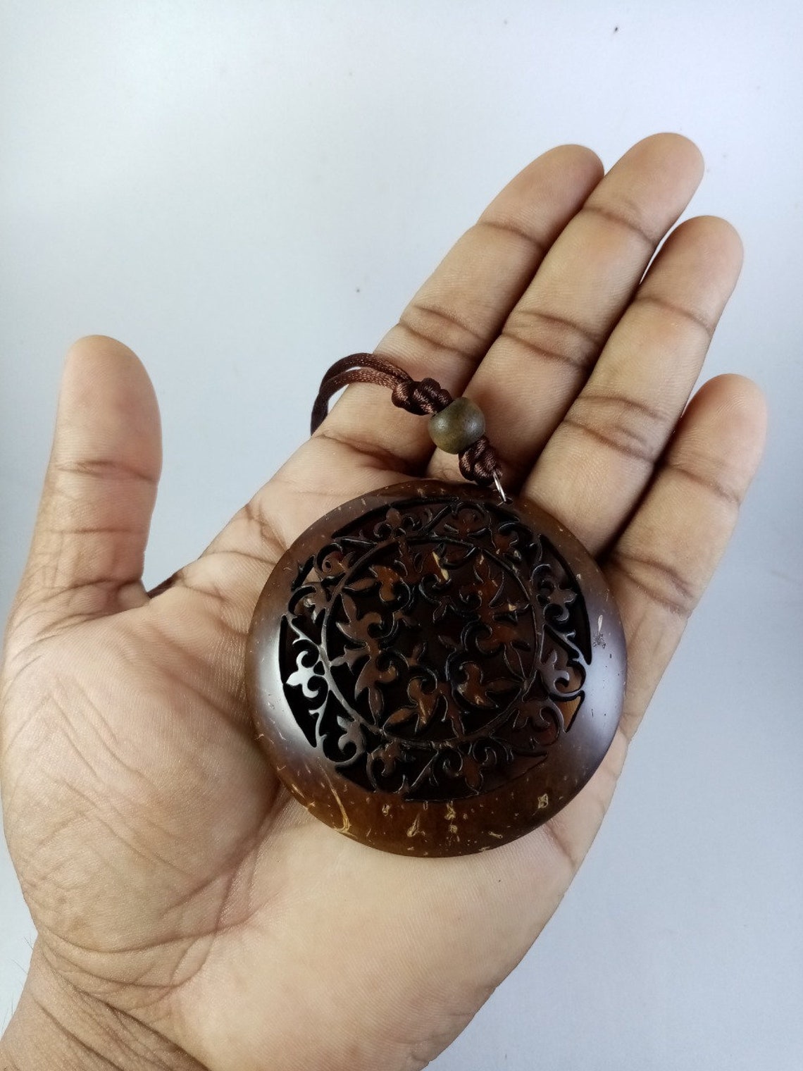 Coco Shell Pendant, Coconut Shell Necklace, Cotton Strap and Wooden ...