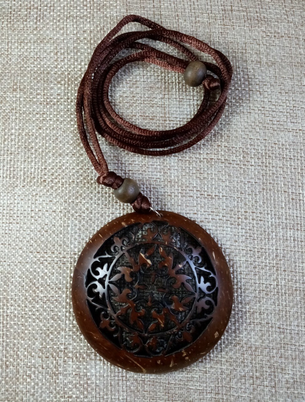 Coco Shell Pendant, Coconut Shell Necklace, Cotton Strap and Wooden ...