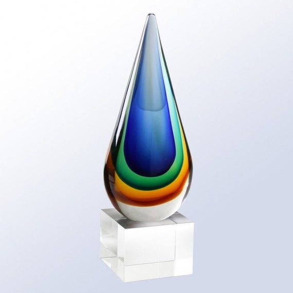 Custom Engraved Peacock Raindrop Art Glass Award abstract - Etsy