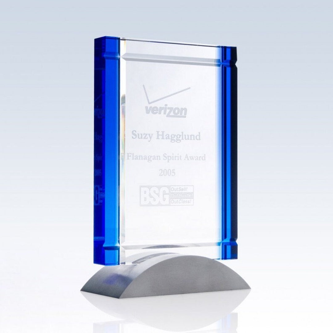 Modern Blue Crystal Award - Custom Engraved Crystal Award - Glass Award ...