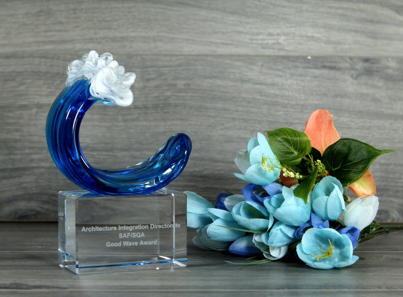 Custom Engraved Tidal Wave Art Glass Award, Glass Art Sculpture for ...