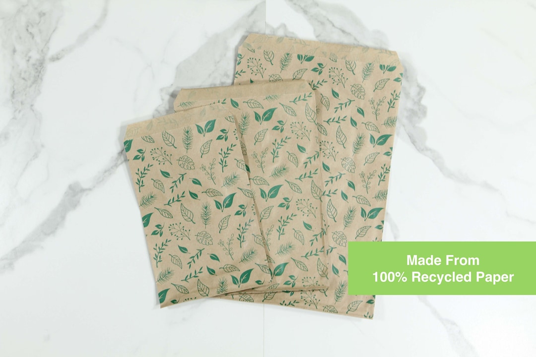 100 Pack RECYCLED PAPER Green Leaf Flat Gift Bags - Great for Packaging ...