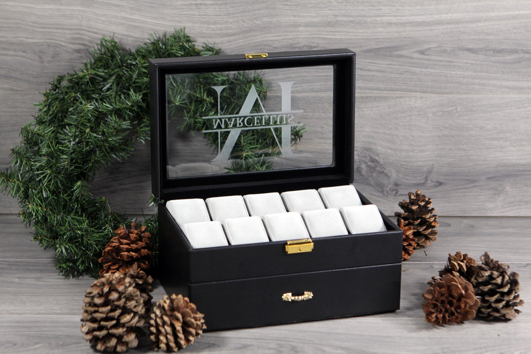Personalized Custom Black Watch Box Case - 20 Slots, Great for Birthday ...