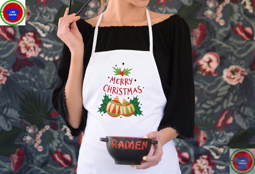 Merry Christmas Apron – Festive Holiday Kitchen Apron With Ornaments ...
