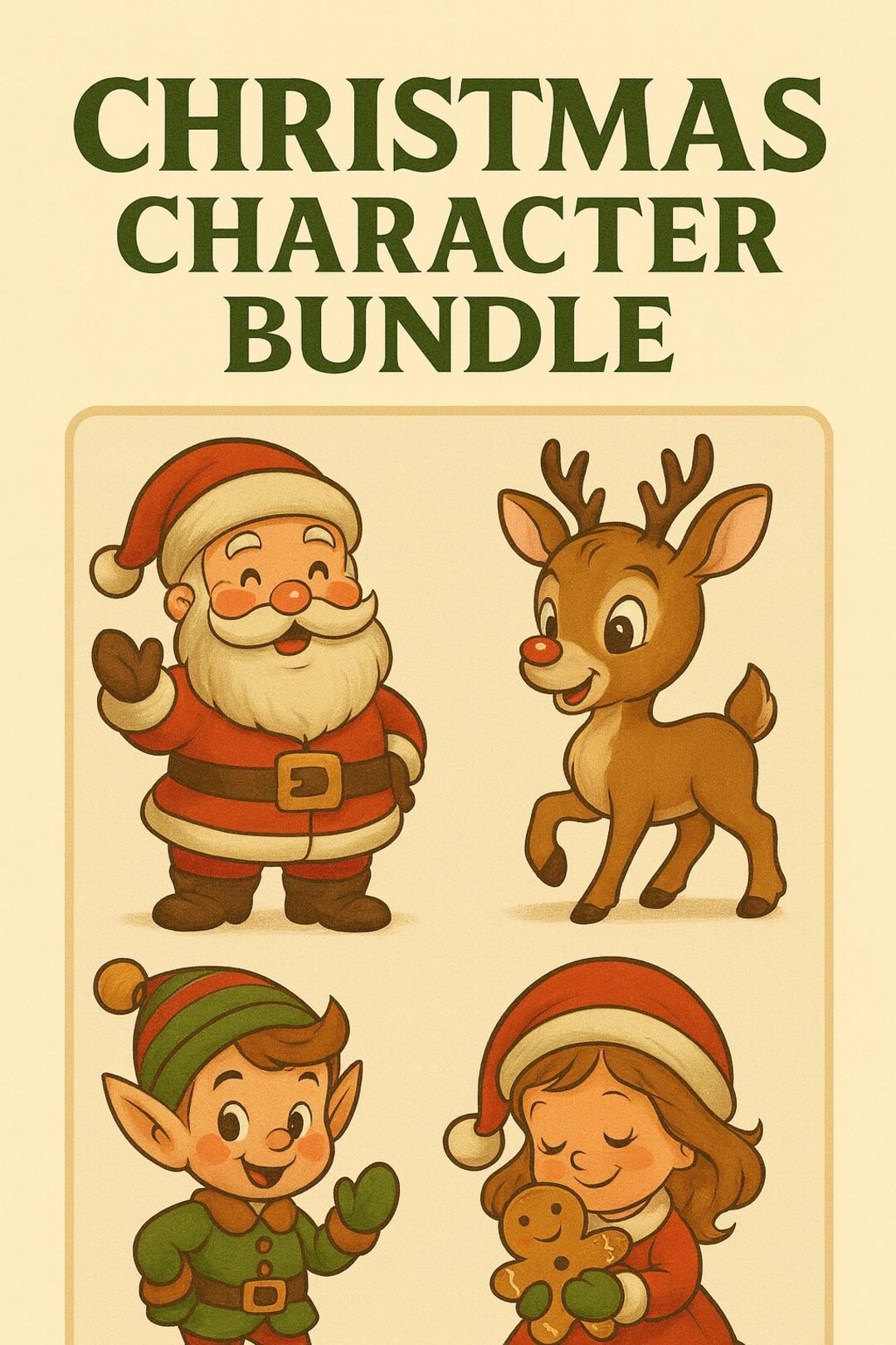 Retro Christmas Character Clipart – Santa, Reindeer, Elf (SVG, PDF, PNG ...