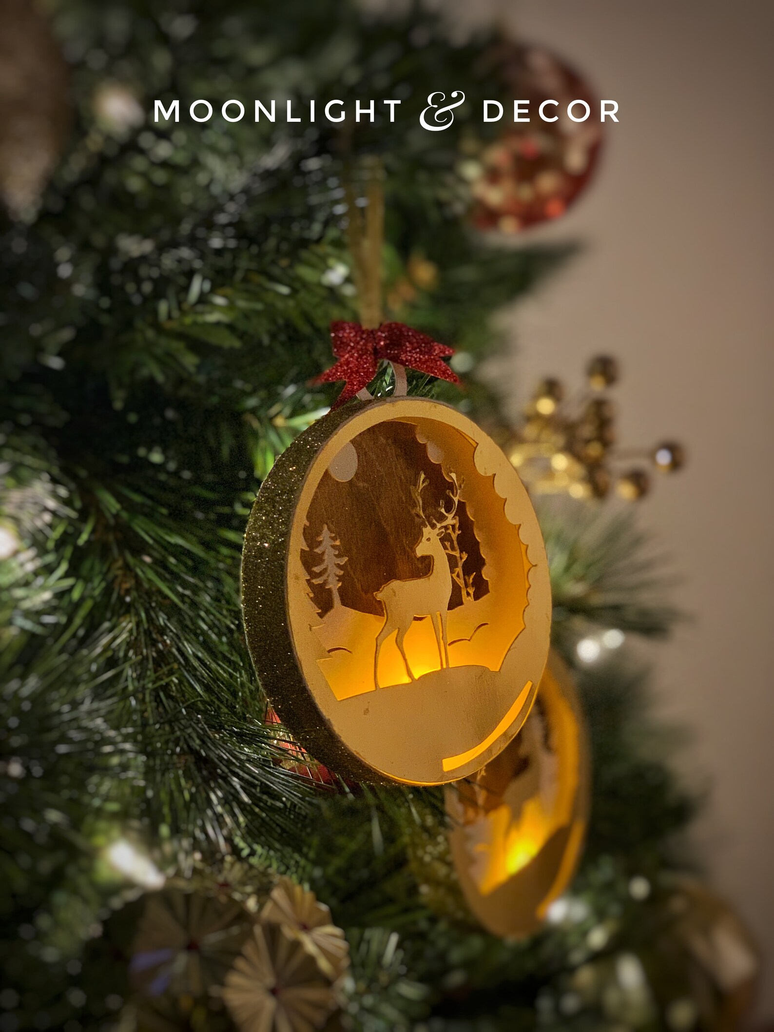 3D Gold Reindeer LED Christmas Ornament Glitter Luminous Xmas | Etsy