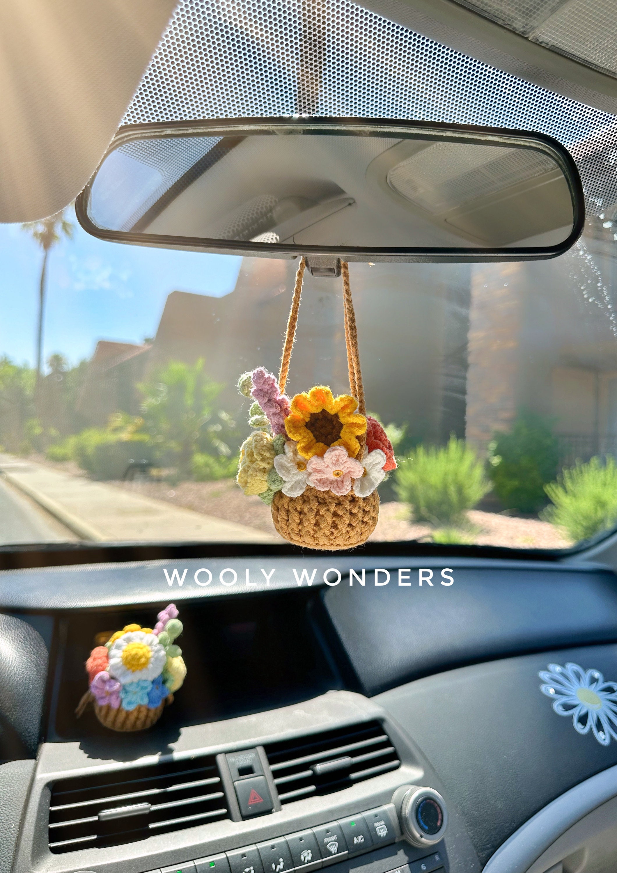 Crochet Flower Pot Car Charm: Handmade Rear View Mirror Hanging - Etsy