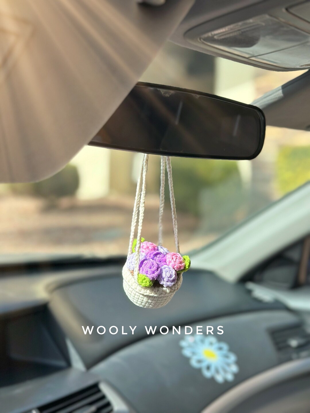 Purple Mini Rose Flower Pot, Car Accessories for Women, Crochet Hanging ...